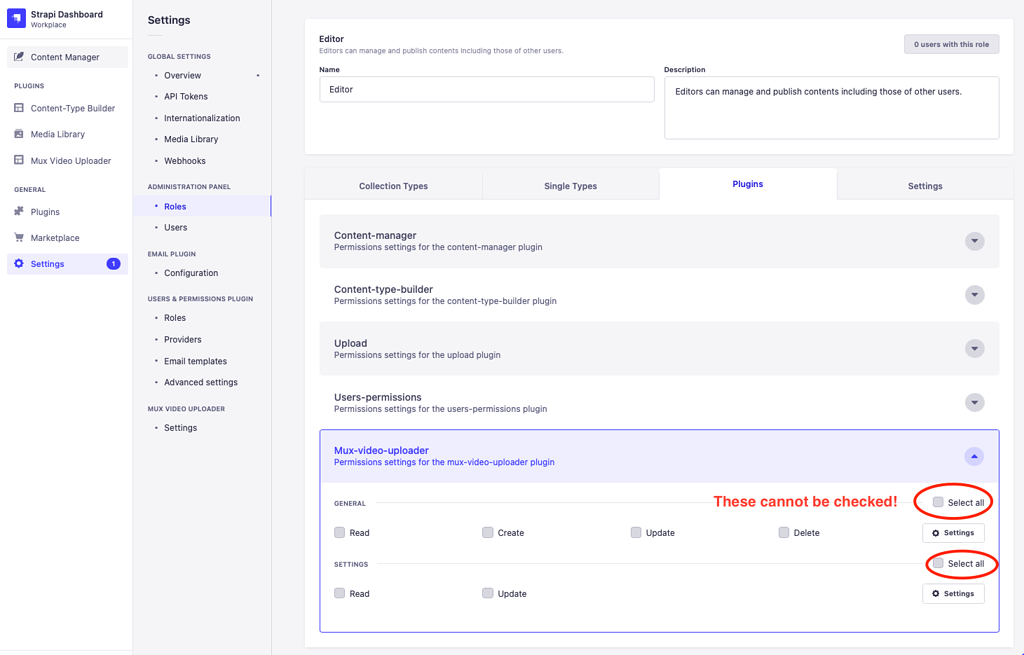 Unable to give Editor Role permission to upload, view or manage videos - Strapi Admin - Strapi ...