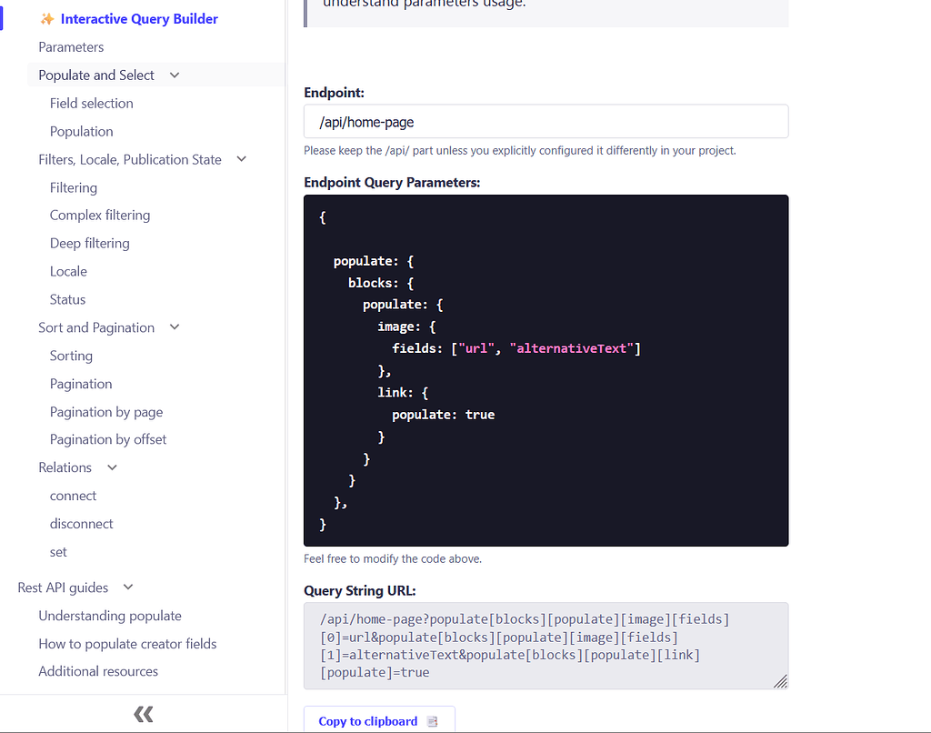 How to generate endpoint query parameter for this Section? Is it correct ? It returns status ...